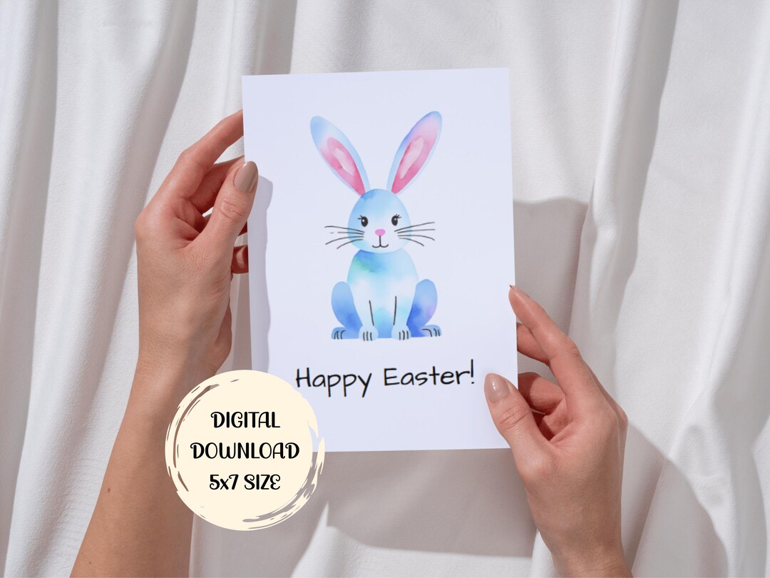 Happy Easter Bunny Card Printable Digital Download 5x7 Size Watercolor ...