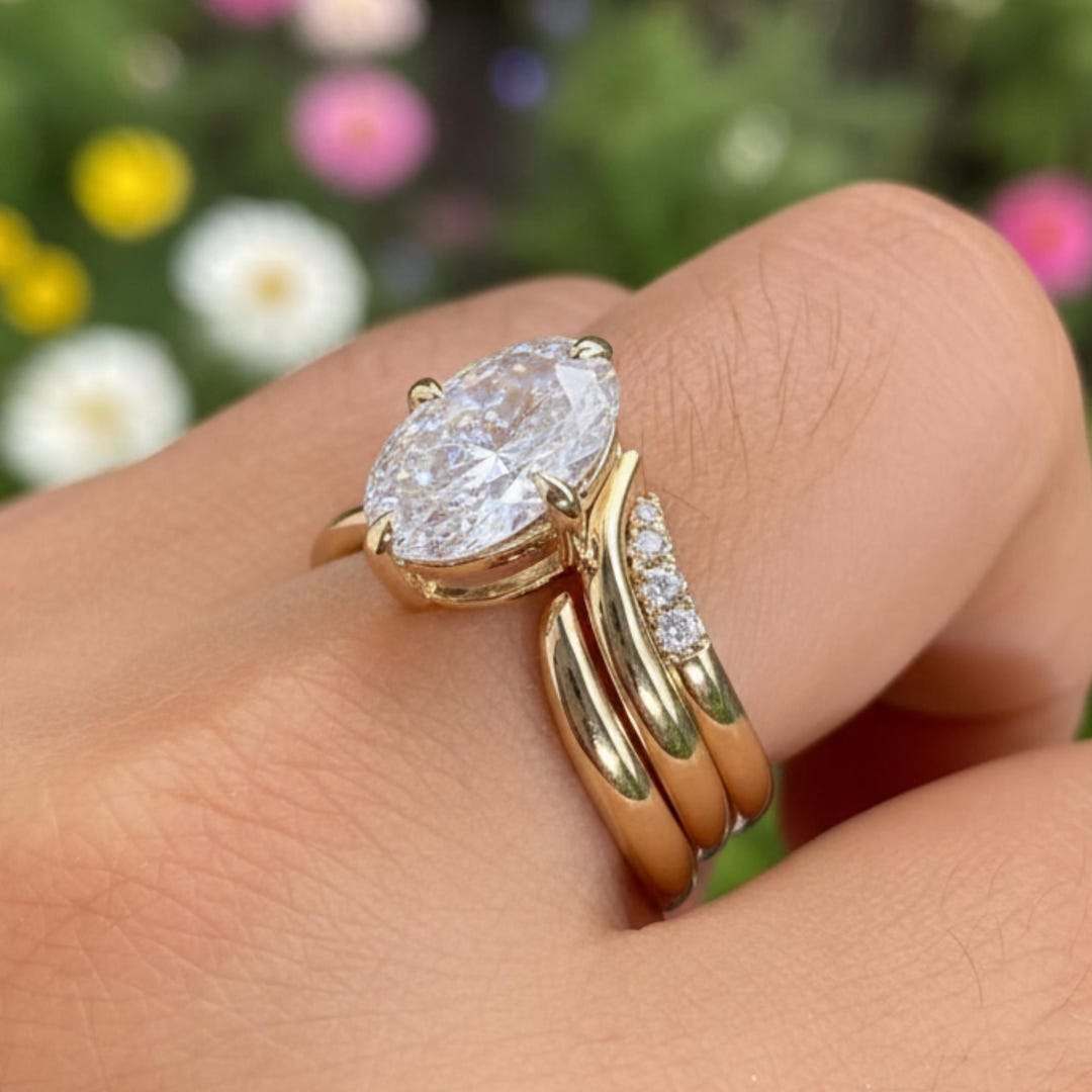 Handmade Gold Wedding Ring Set With Oval Moissanite – 10K/14K Solid ...