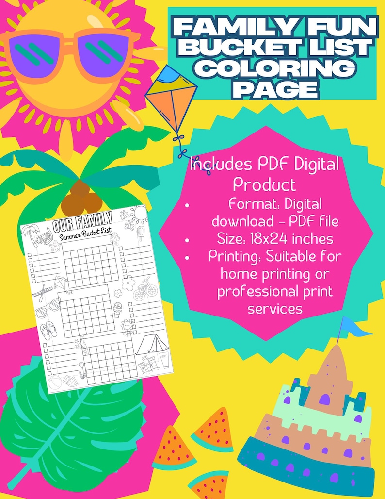 Family Summer Fun Bucket List Printable Poster 18x24” PDF With ...