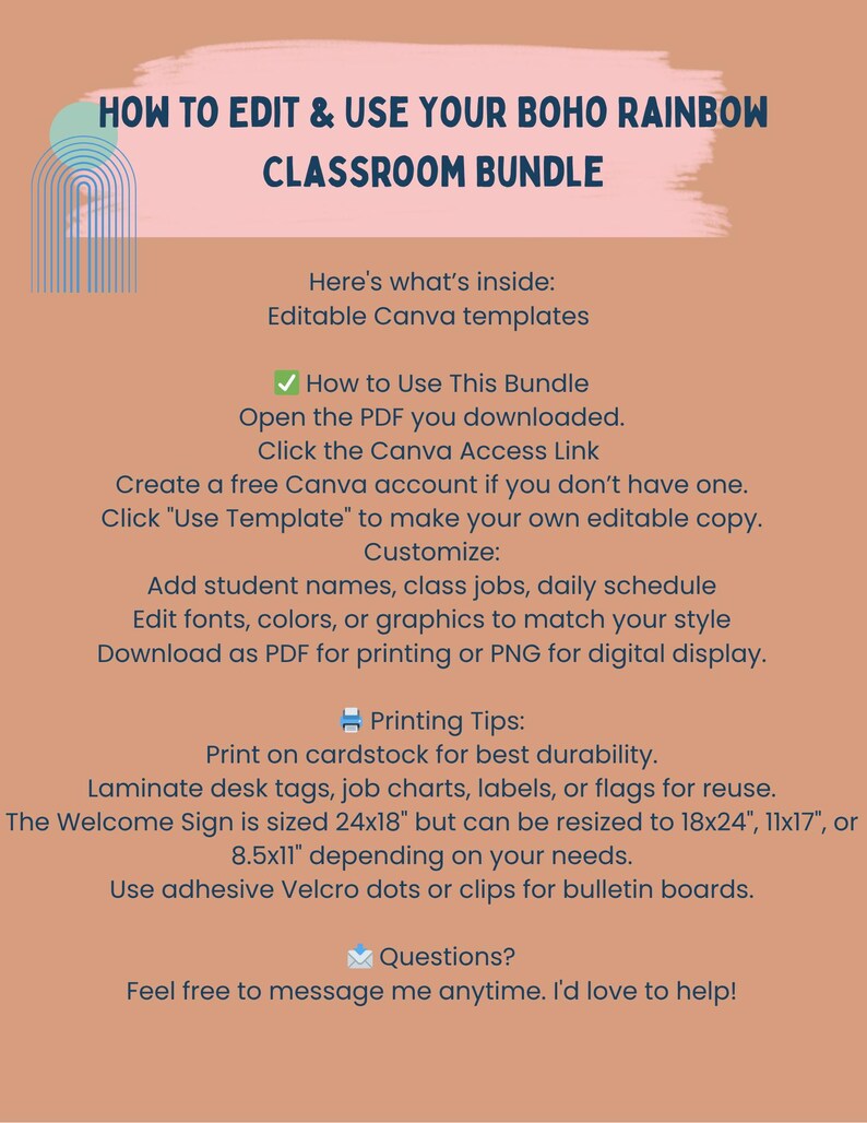 Boho Rainbow Classroom Decor Bundle: Editable Welcome Sign, Labels, and ...