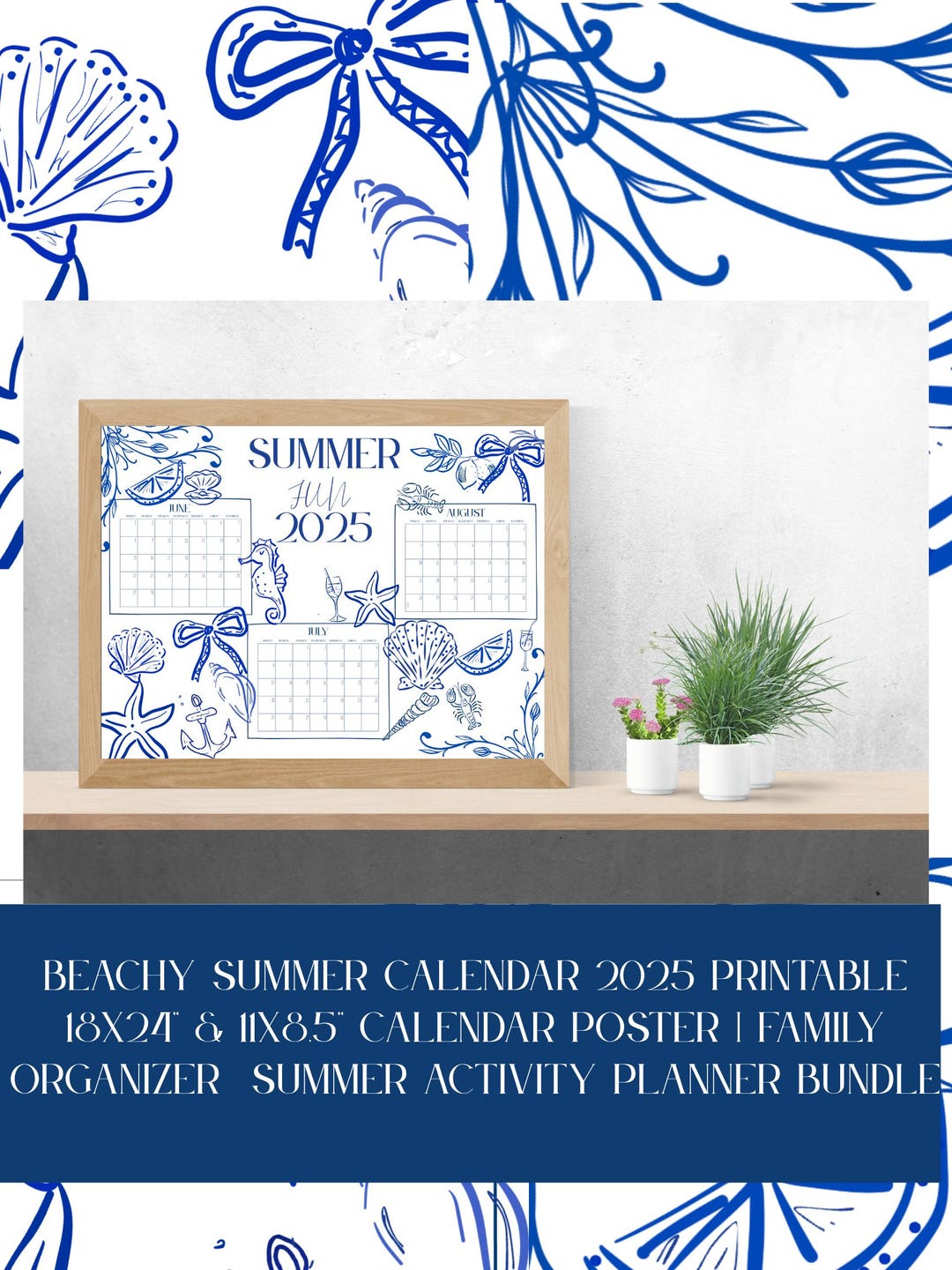 Beachy Summer Calendar Printable | 24x18" Wall Planner | Navy & White ...