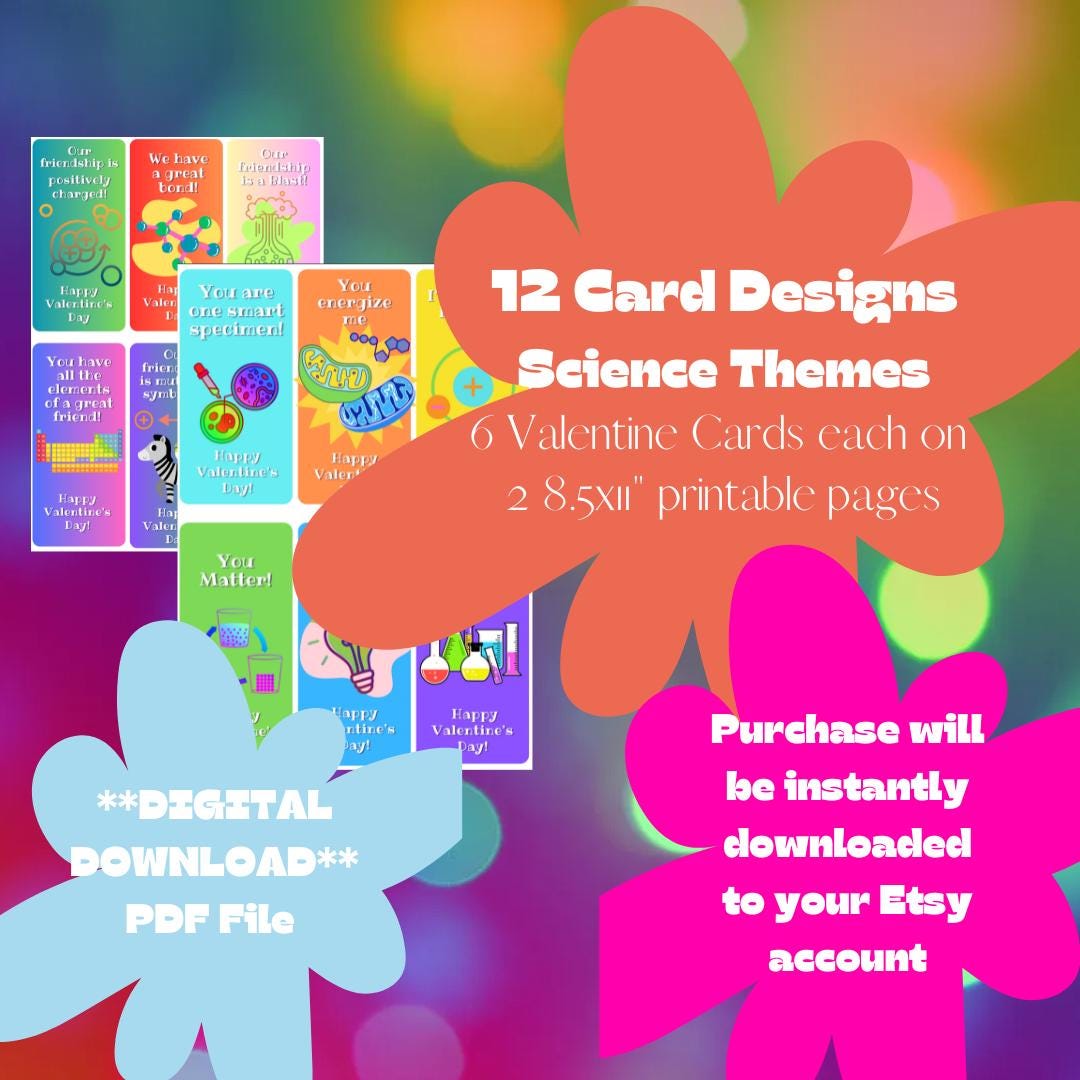 Science-themed Valentine Cards | Digital Download | 12 Fun & Vibrant ...