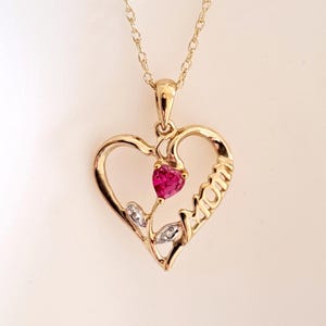 Vintage 10K Solid Gold Ruby Rose Mom Heart Pendant Necklace - Etsy