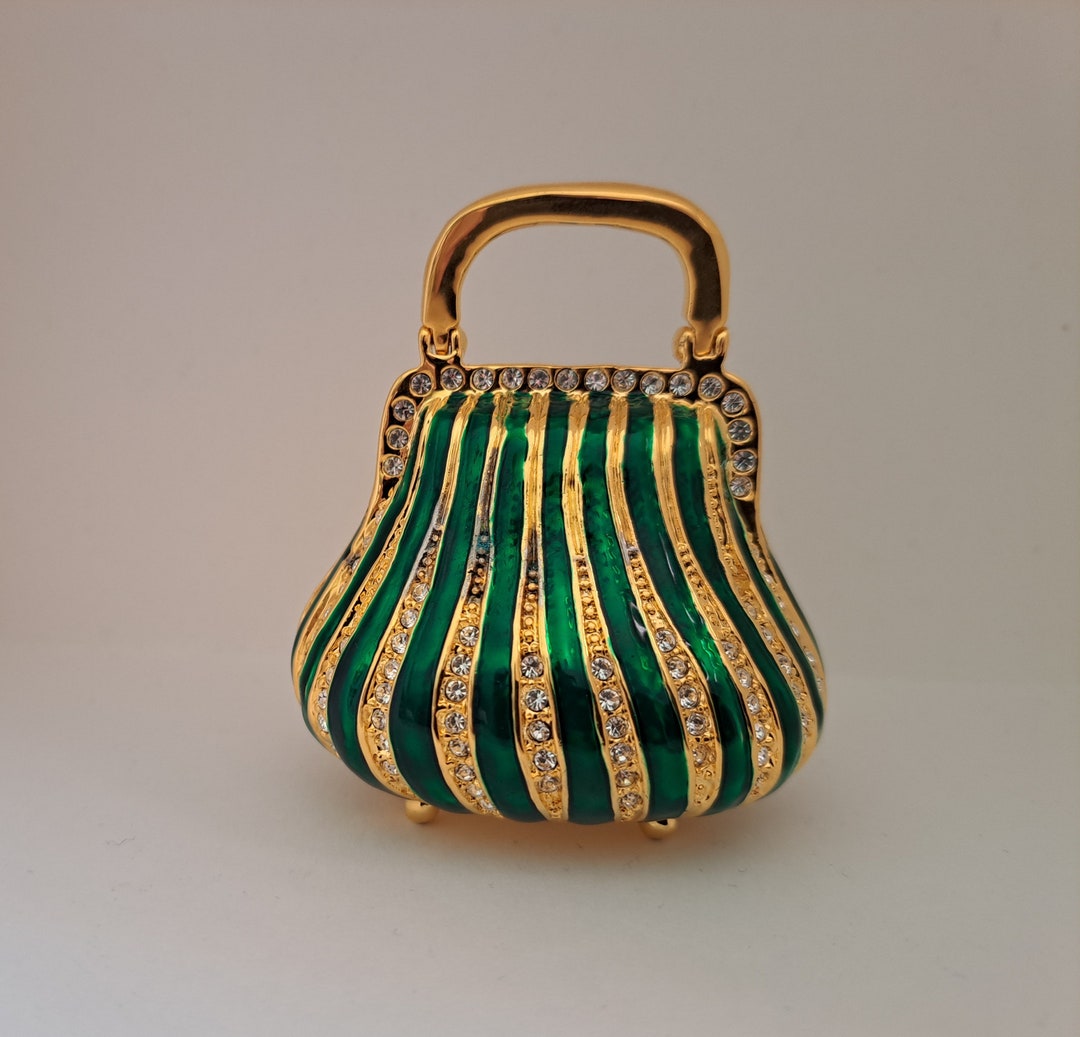 Vintage Emerald Green Enamel & Rhinestone Trinket Purse Box - Etsy