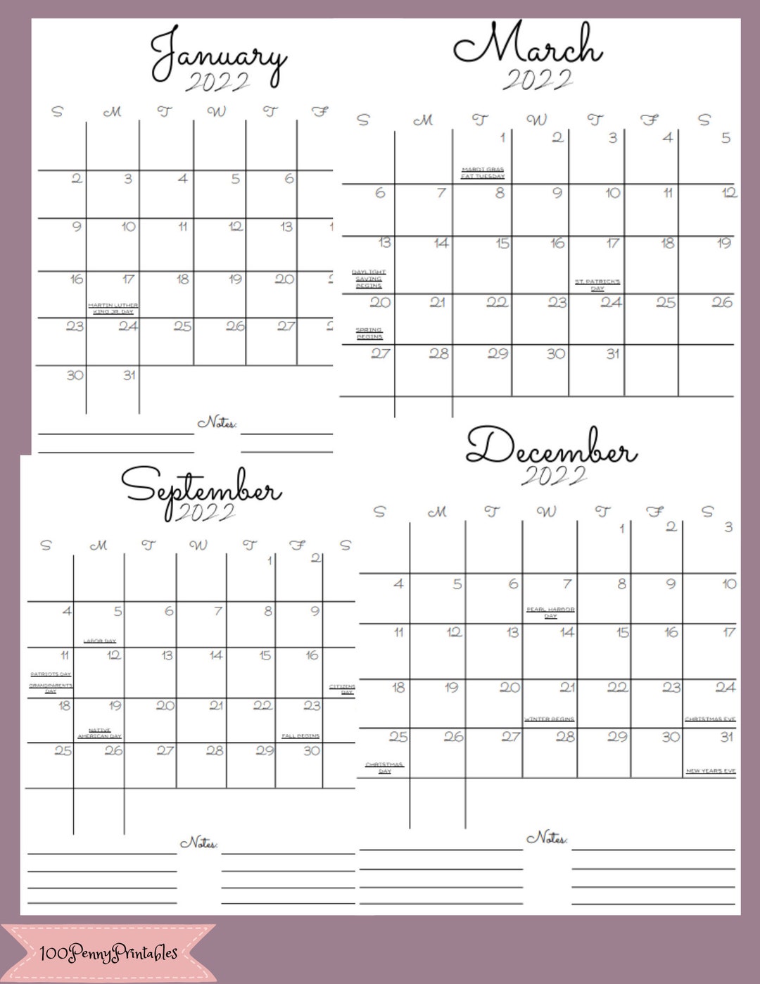 2022 Calendar Printable | Sunday Start | Calendar With Notes Section ...