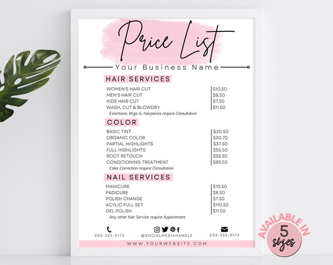 Editable Price List Template Sign for Small Business, Printable Price List Template Canva, Salon ...
