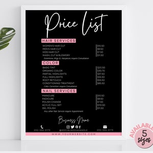 Editable Price List Template Sign for Small Business, Printable Price List Template Canva, Salon ...