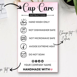 Editable Cup Care Card Template, Printable Tumbler Care Instructions ...