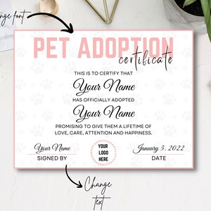Editable Certificate of Adoption Template, Printable Pet Adoption Party ...