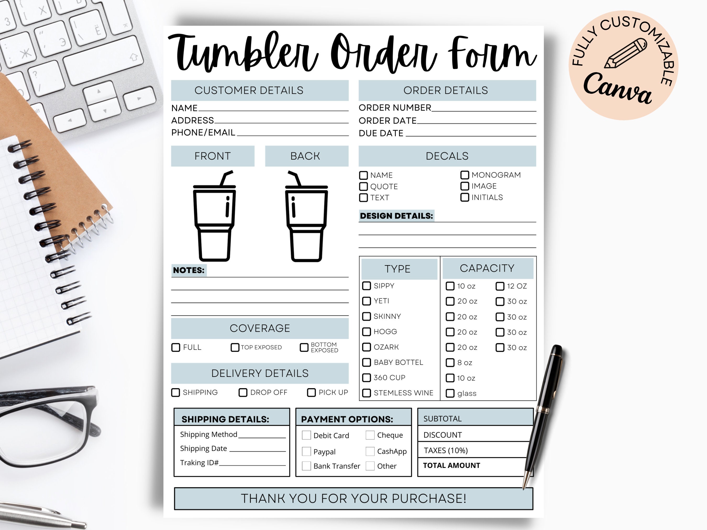 Editable Tumbler Order Form Template Custom Tumbler Form - Etsy