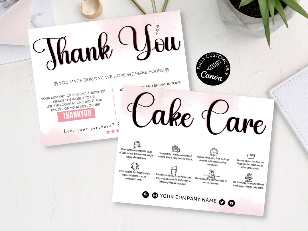 Cake Care Card Template, Cake Business Thank You Cards, Cake Business ...