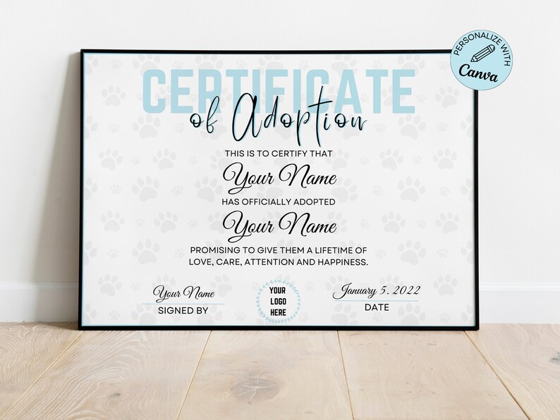 Editable Certificate of Adoption Template Printable Pet - Etsy
