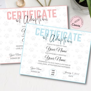 Editable Certificate of Adoption Template, Printable Pet Adoption Party ...