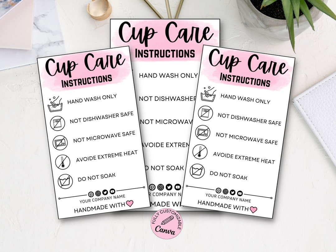 Editable Cup Care Card Template, Printable Tumbler Care Instructions ...