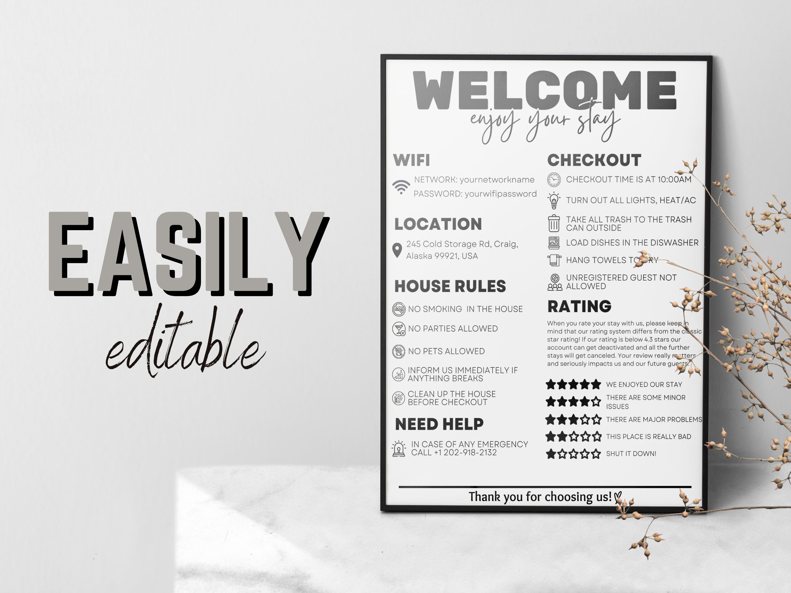 Airbnb Welcome Sign Printable Editable Template, VRBO Vacation Rental ...