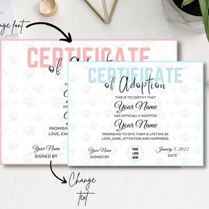 Editable Certificate of Adoption Template, Printable Pet Adoption Party ...