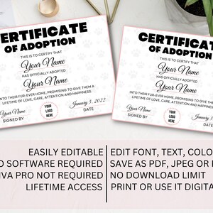 Editable Certificate of Adoption Template, Printable Pet Adoption Party ...