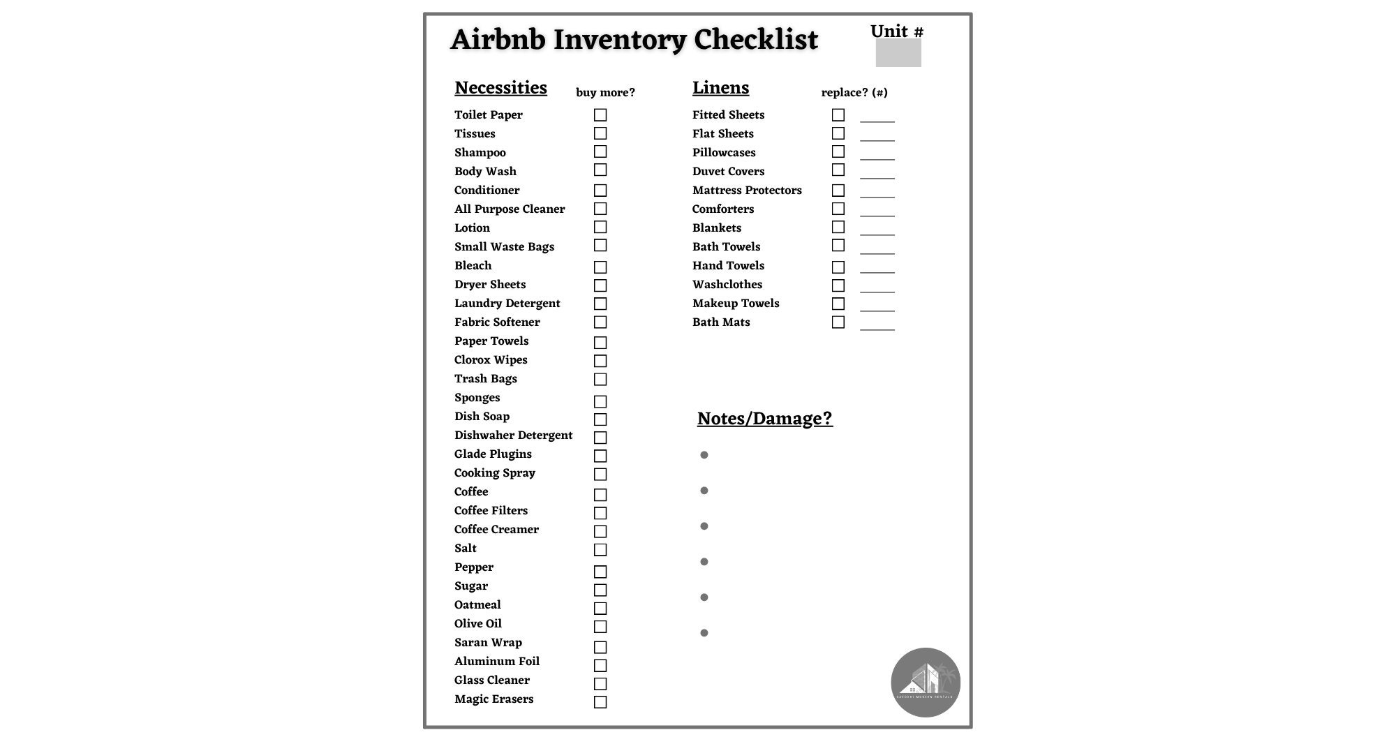 Airbnb Inventory Checklist Template