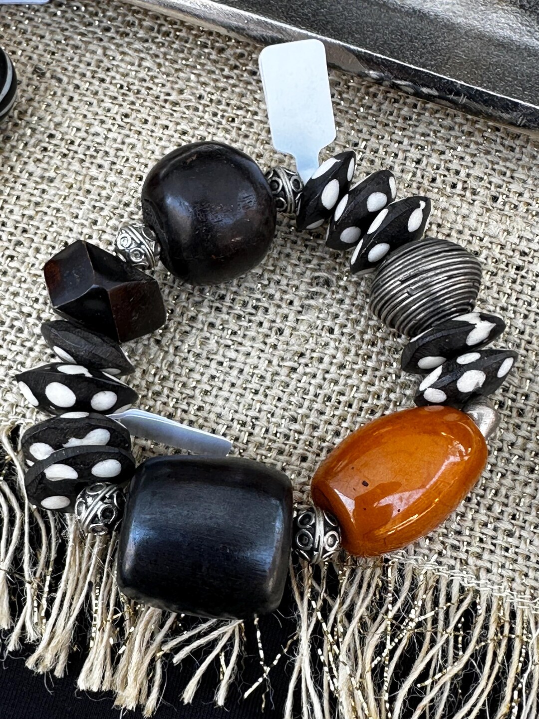 Tribal Boho Chic Bone Wood and Resin Beaded Brawith Silver Moroccan ...