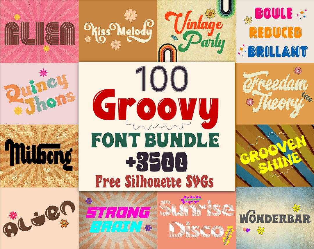 100 Groovy Font Retro Font Wavy Font Font Bundle Handwritten Font 100 ...