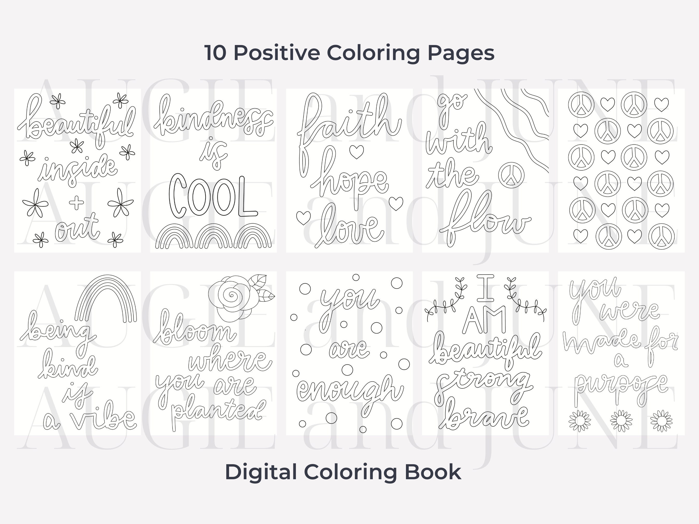Positivity and Affirmations Coloring Book, 10 Pages, PDF, PNG, for ...