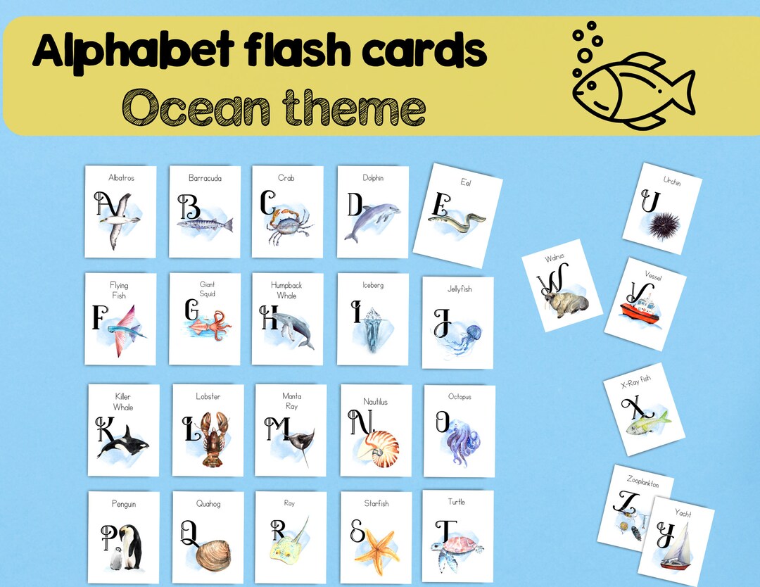 Alphabet Watercolor Flash Cards Ocean Theme Pdf Printable - Etsy