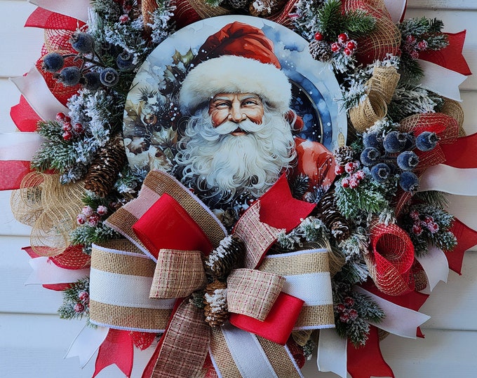 Christmas Rustic Farmhouse Santa Claus Wreath, Front Door Decor Wall ...