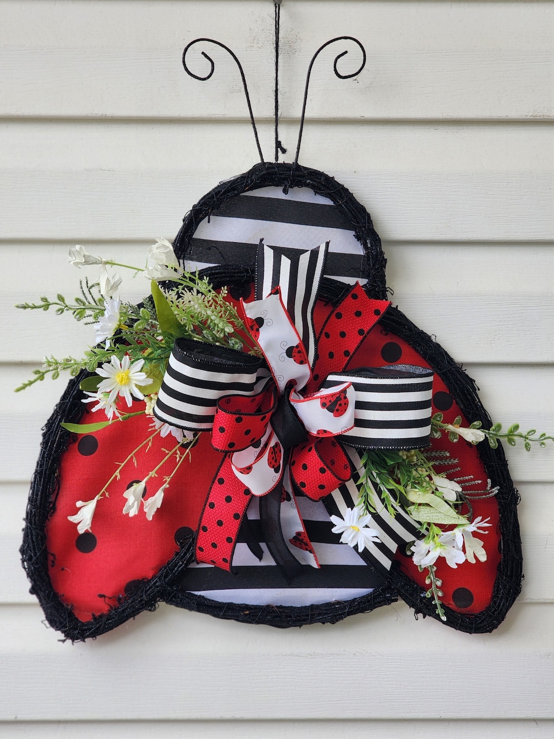 Lady Bug Spring Summer Yellow, Front Door Decor Wreath, Door Hanger ...