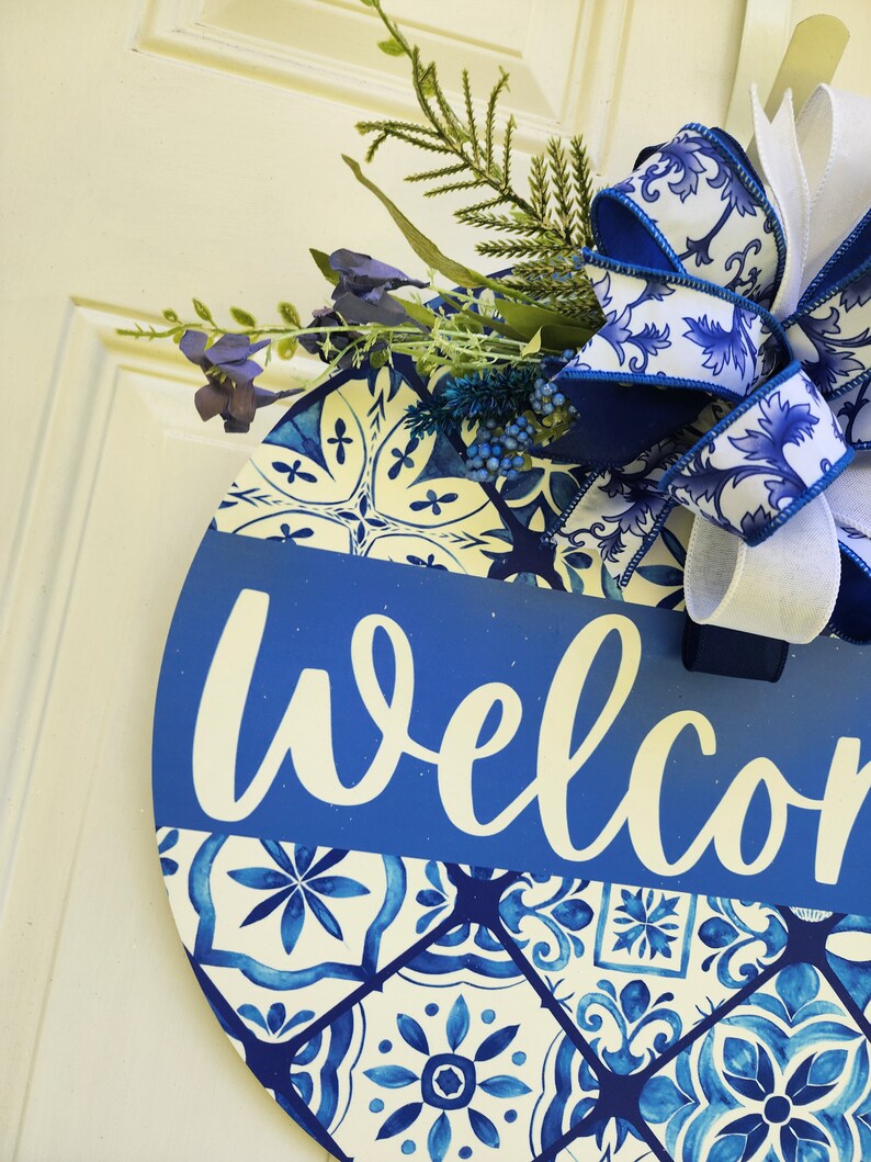 Blue Floral Door Hanger Door Hanger With Chinoiserie Print Bow For