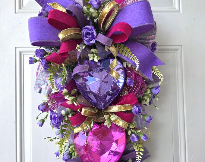 Valentine's Day Swag, Pink and Purple Hear Floral Door Hanger, Wall ...