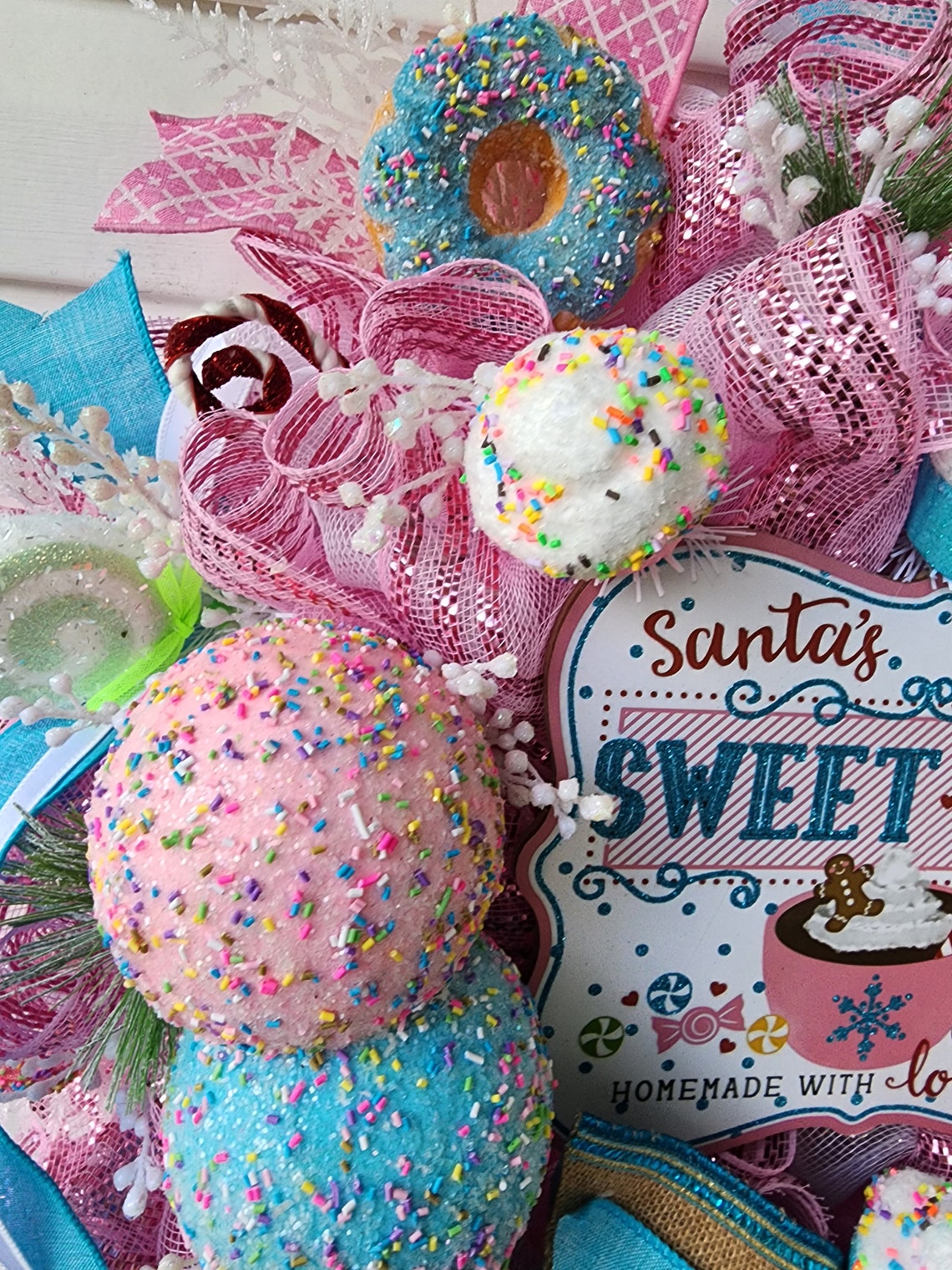Christmas Candy Treats Themed Floral Wreath, Santa Wall Hanging Door ...
