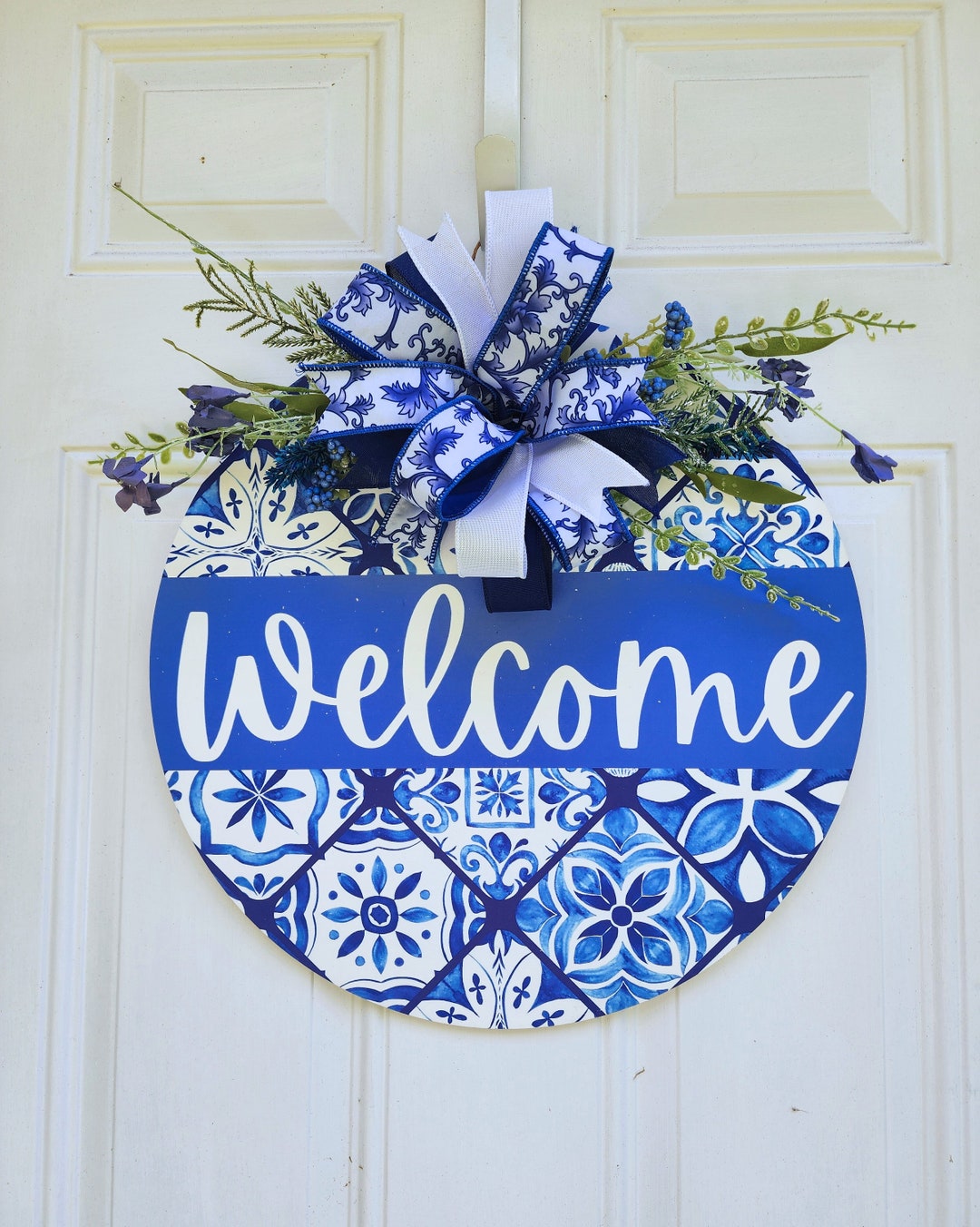 Blue Floral Door Hanger, Door Hanger With Chinoiserie Print Bow for ...