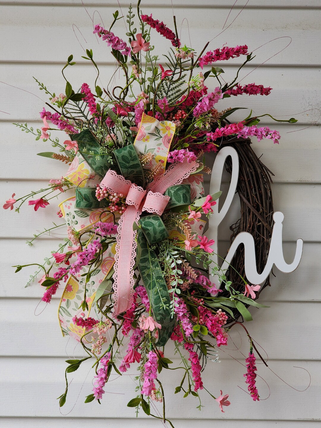 Pink Floral Grapevine Wreath for Front Door, Everyday Spring Summer ...