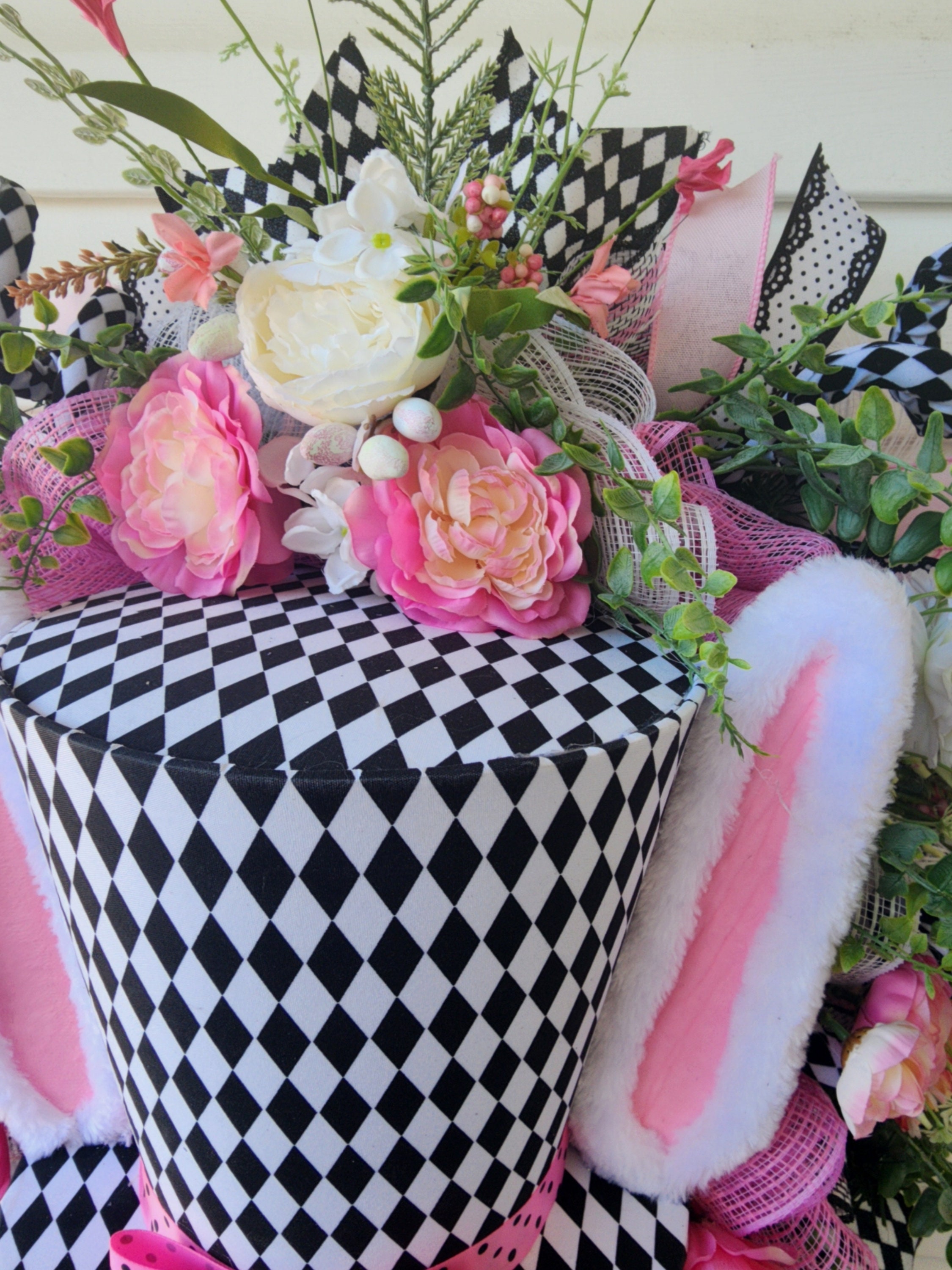 Easter Bunny Harlequin Top Hat Wreath, Front Door Decor, Door Hanger ...