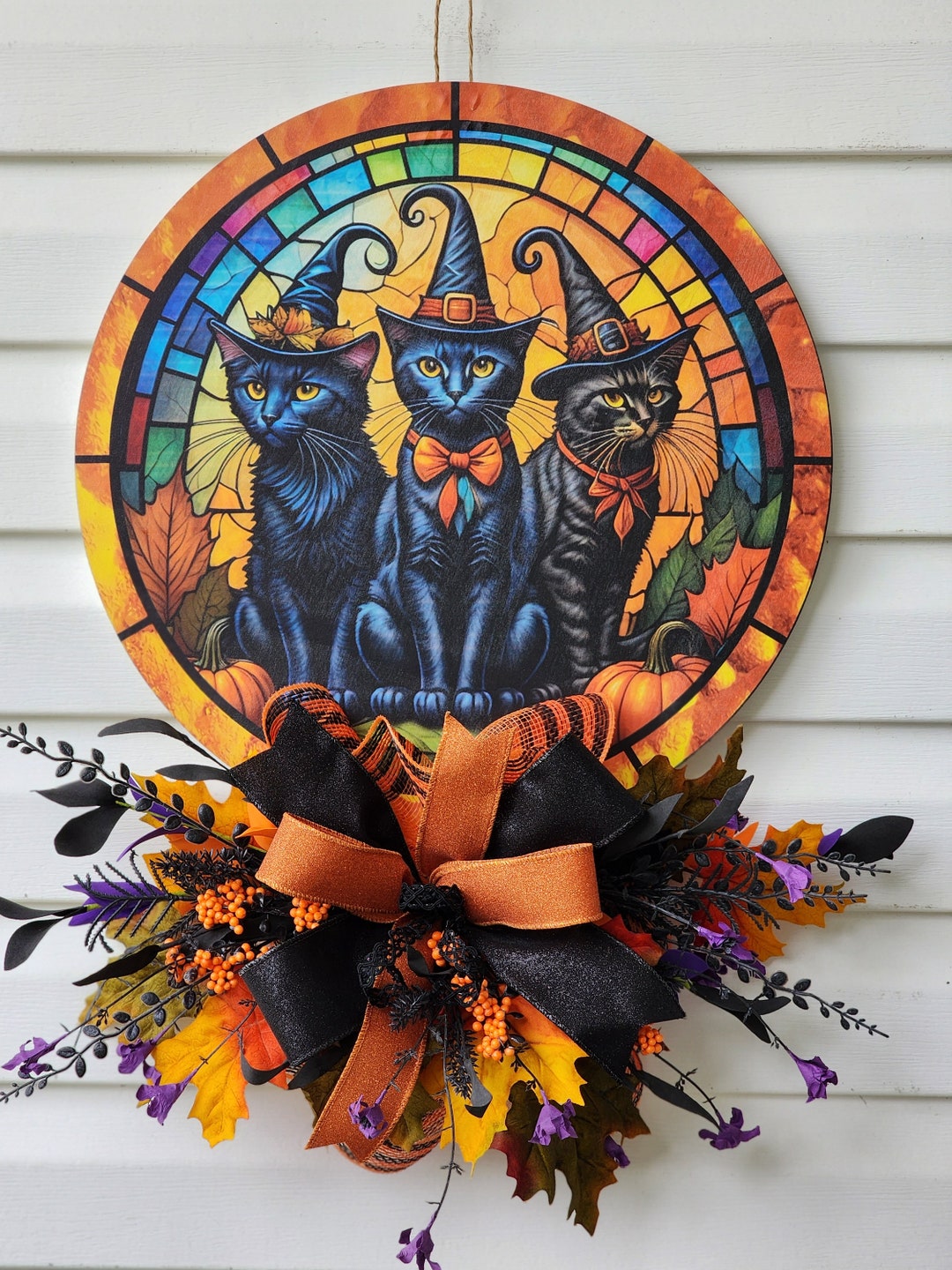 Halloween Witch Black Cats Door Hanger Wall Hanging, Front Door Outdoor ...