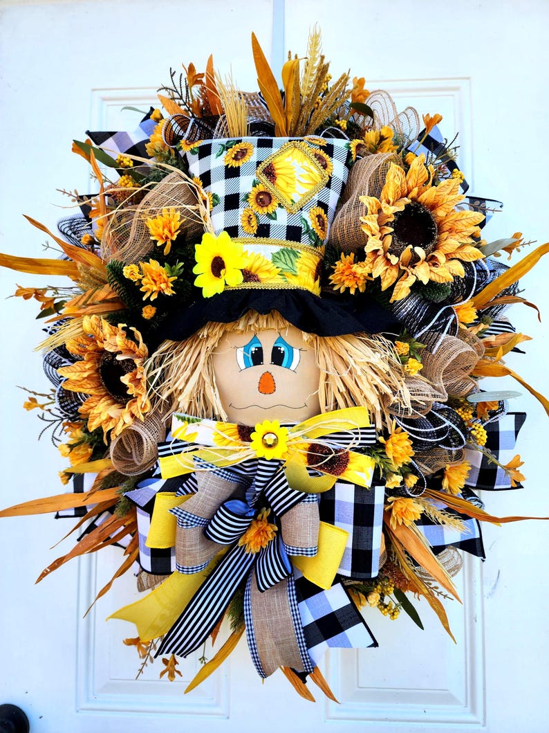 Fall Scarecrow Farmhouse Front Door Welcome Wreath, Outdoor Front Porch ...