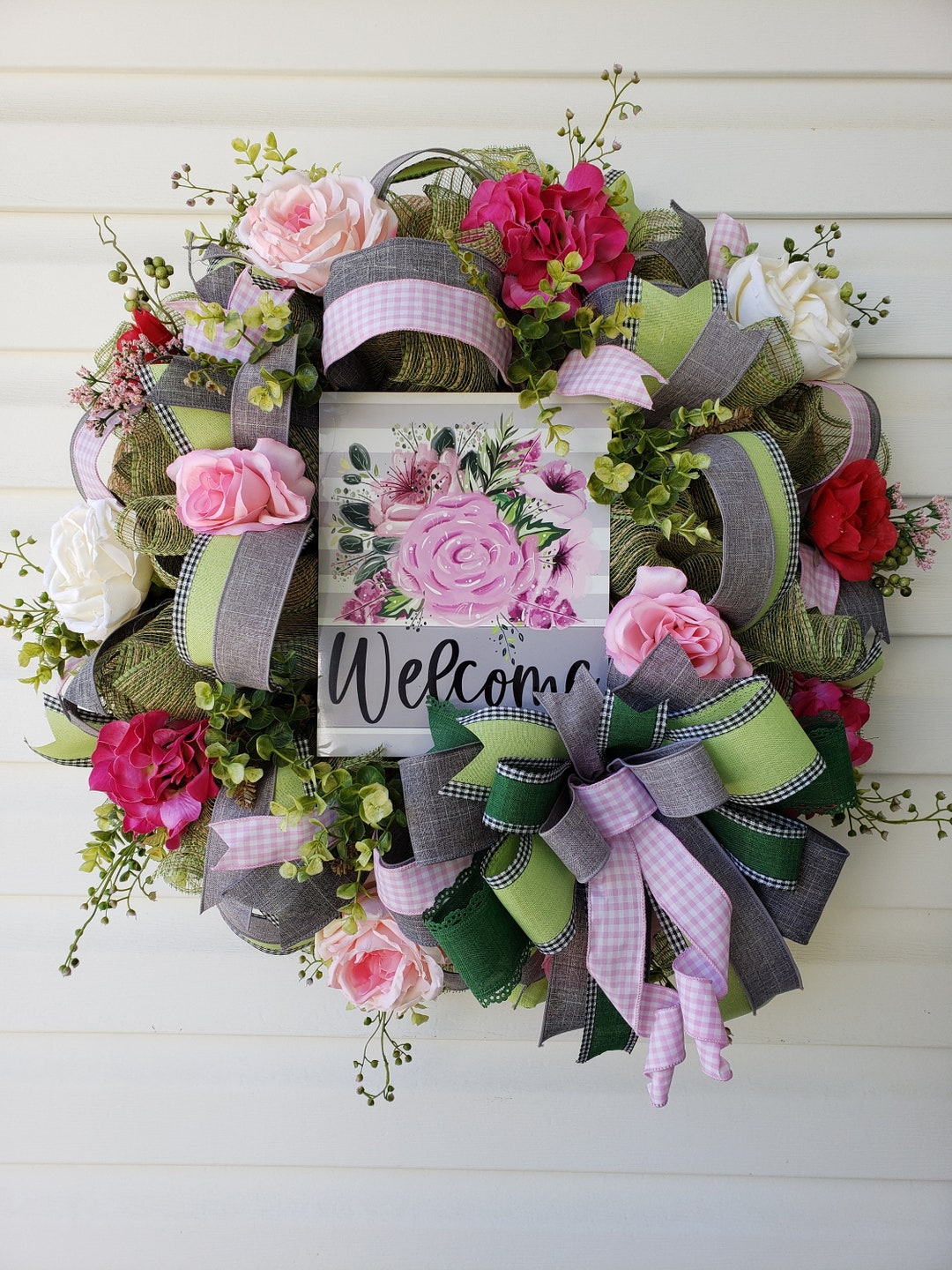 Pink Floral Welcome Spring Everyday Romantic Rose Wreath for Front Door ...
