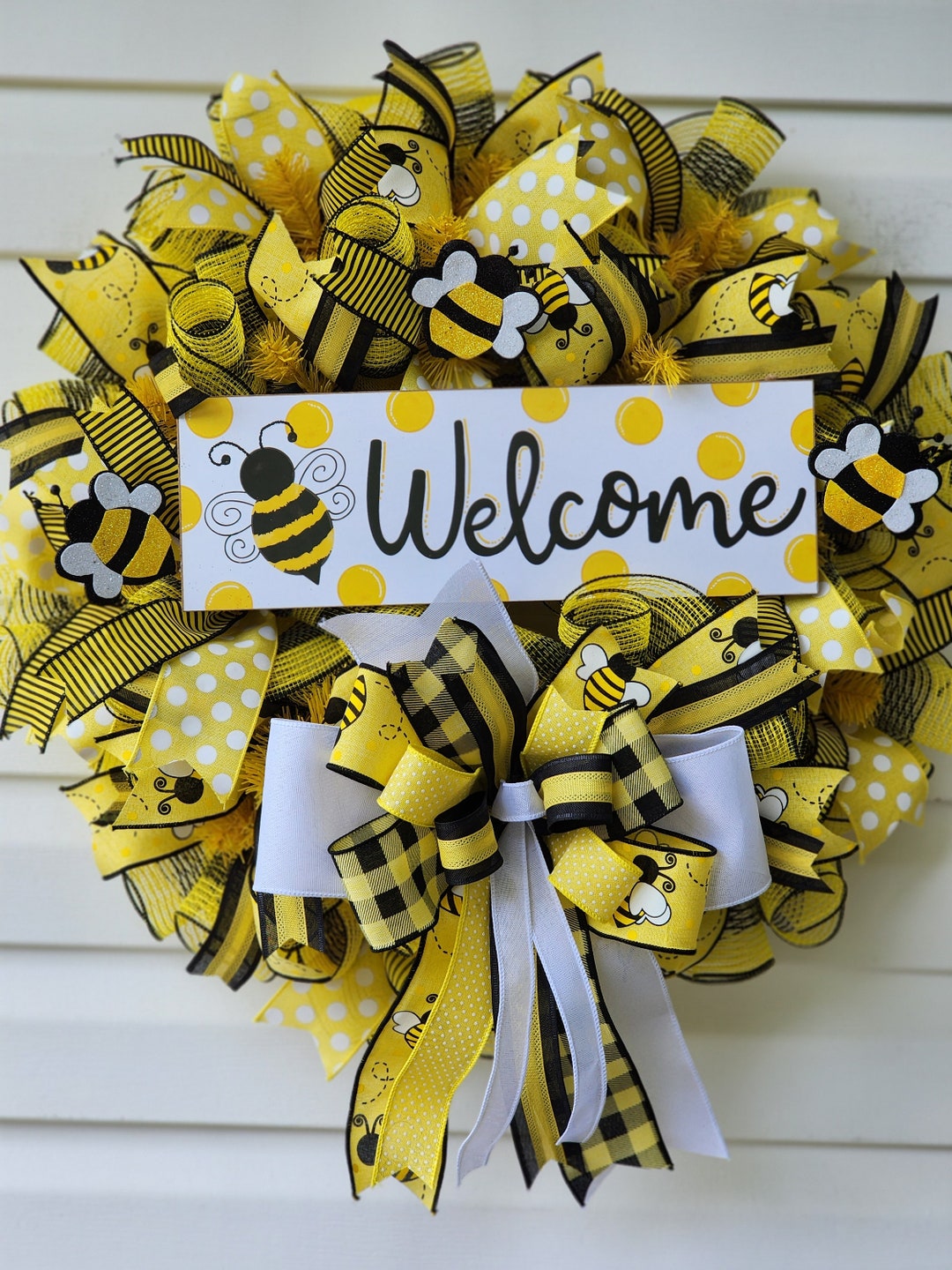Bee Summer Yellow Polka Dot Welcome Front Door Decor Wreath - Etsy