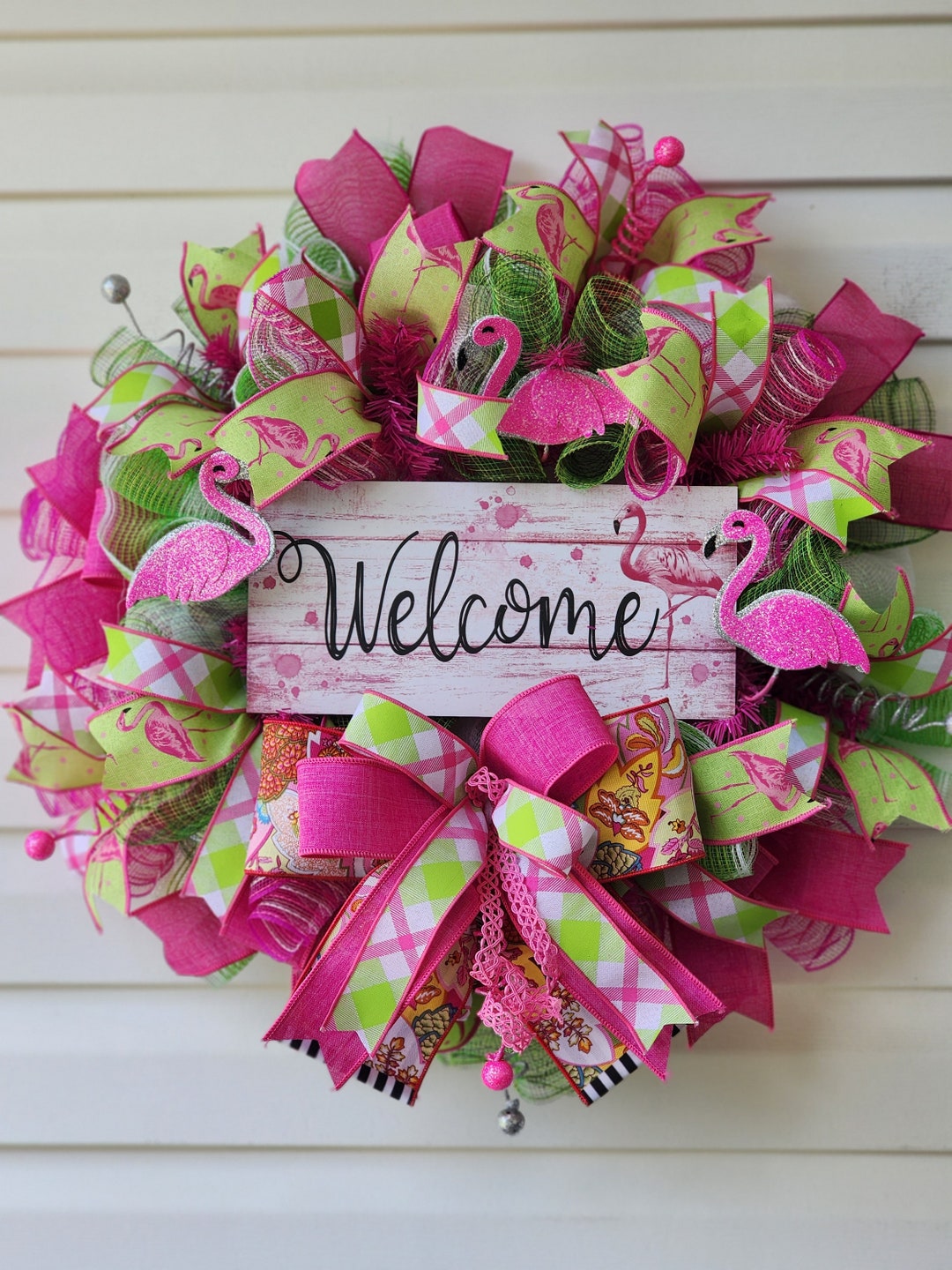 Beach House Flamingo Hot Pink Spring Summer Everyday Wreath for Front ...