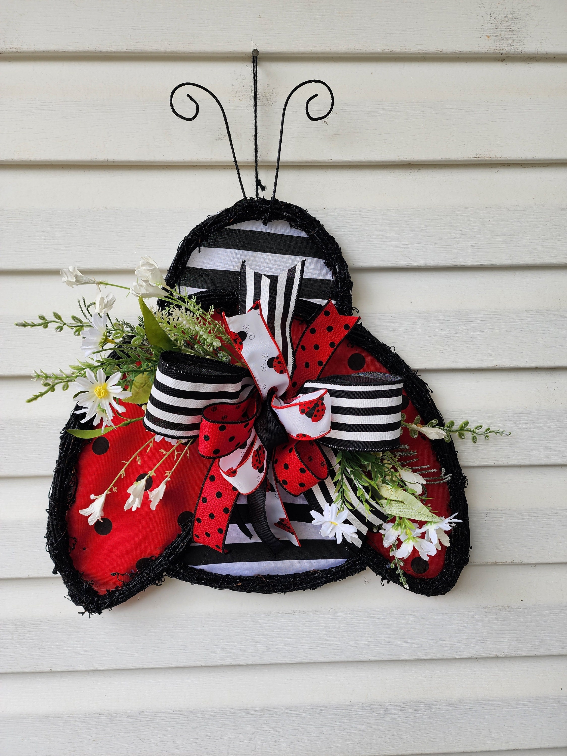 Lady Bug Spring Summer Yellow, Front Door Decor Wreath, Door Hanger ...