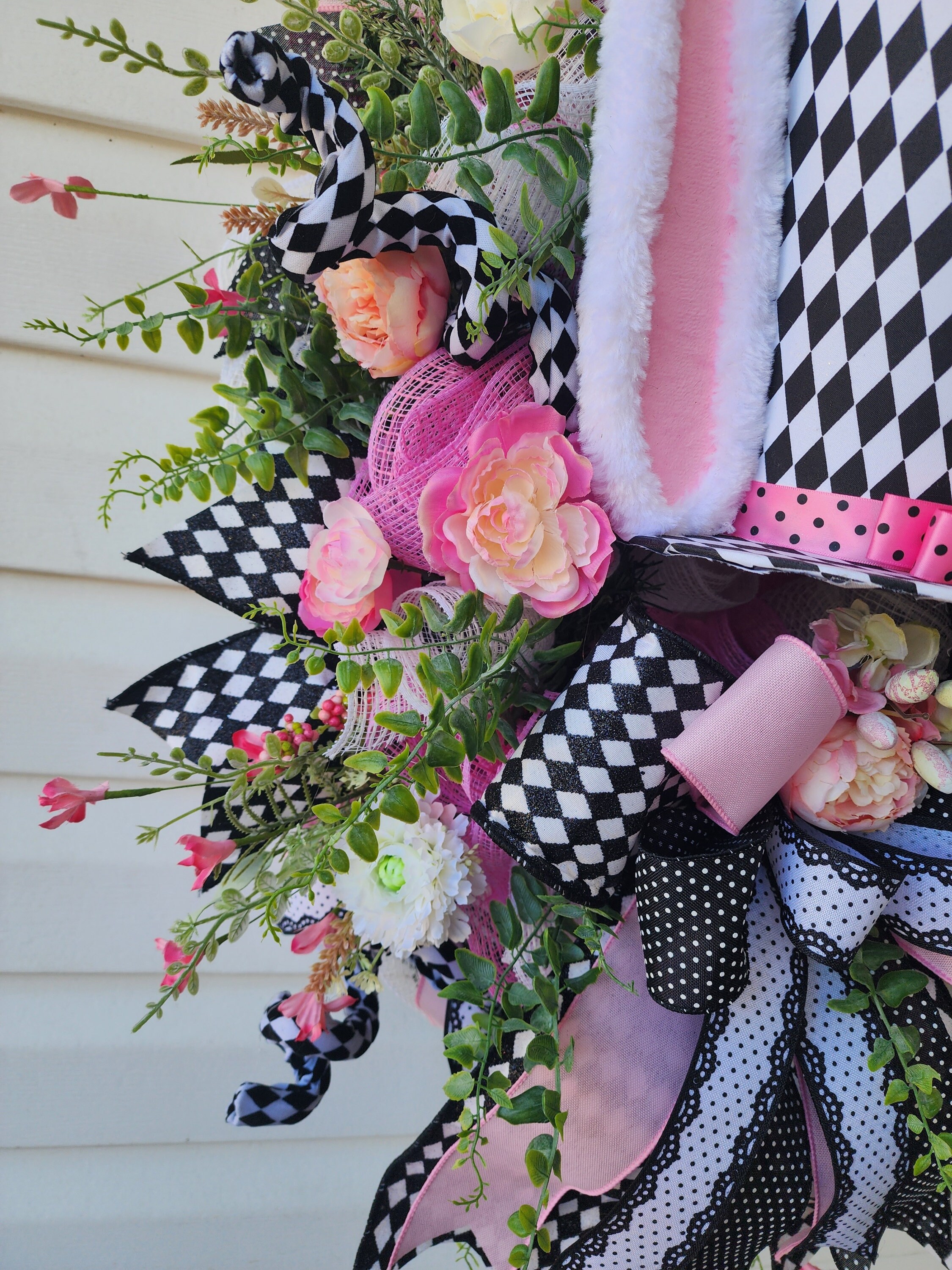 Easter Bunny Harlequin Top Hat Wreath, Front Door Decor, Door Hanger ...