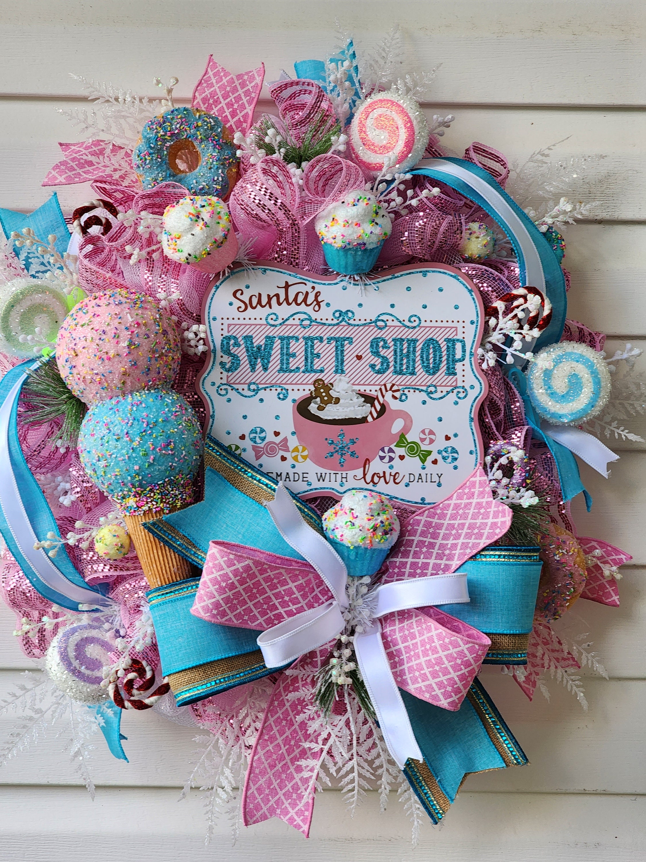 Christmas Candy Treats Themed Floral Wreath, Santa Wall Hanging Door ...