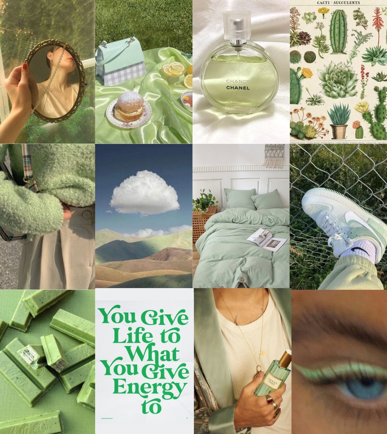 Light Green Wall Collage Kit, Green Aesthetic Wall Collage, Sage Green ...