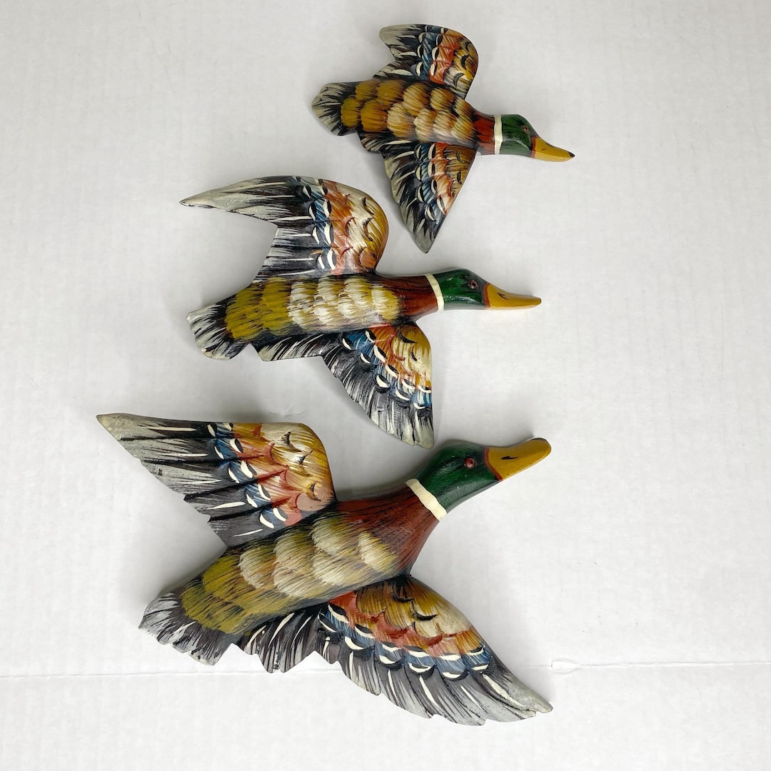 Vintage Wood Duck Decor Set of 3 Wall Mount Hand Painted 8", 7", 6" W ...