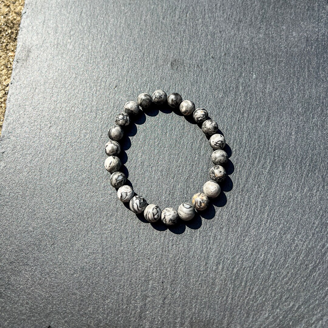 Gray Mapstone Jasper Gemstone Bracelet 8mm | Picasso Jasper Crystal ...