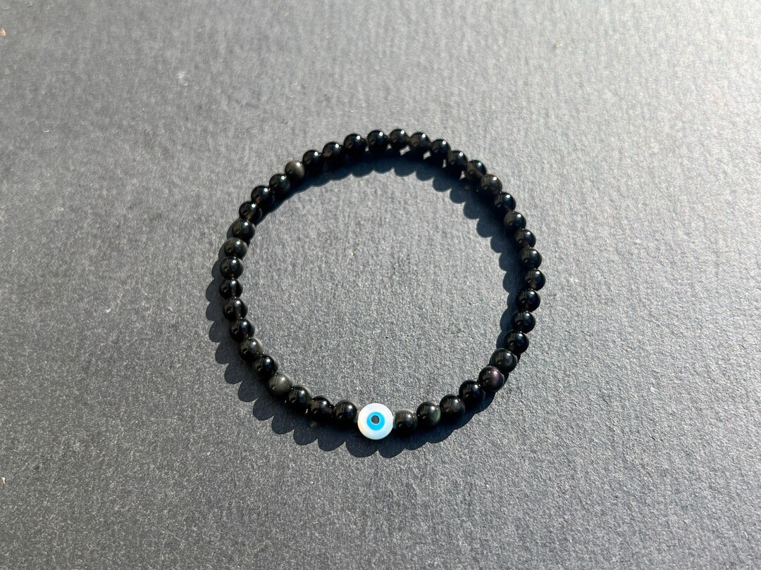 Evil Eye Gemstone Bracelet, A Rainbow Black Obsidian AAA Iridescent ...