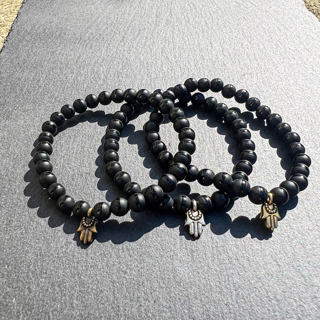 Black Onyx Crystal Bracelet, Black Onyx Beaded Gemstone Bracelet, Hamsa ...