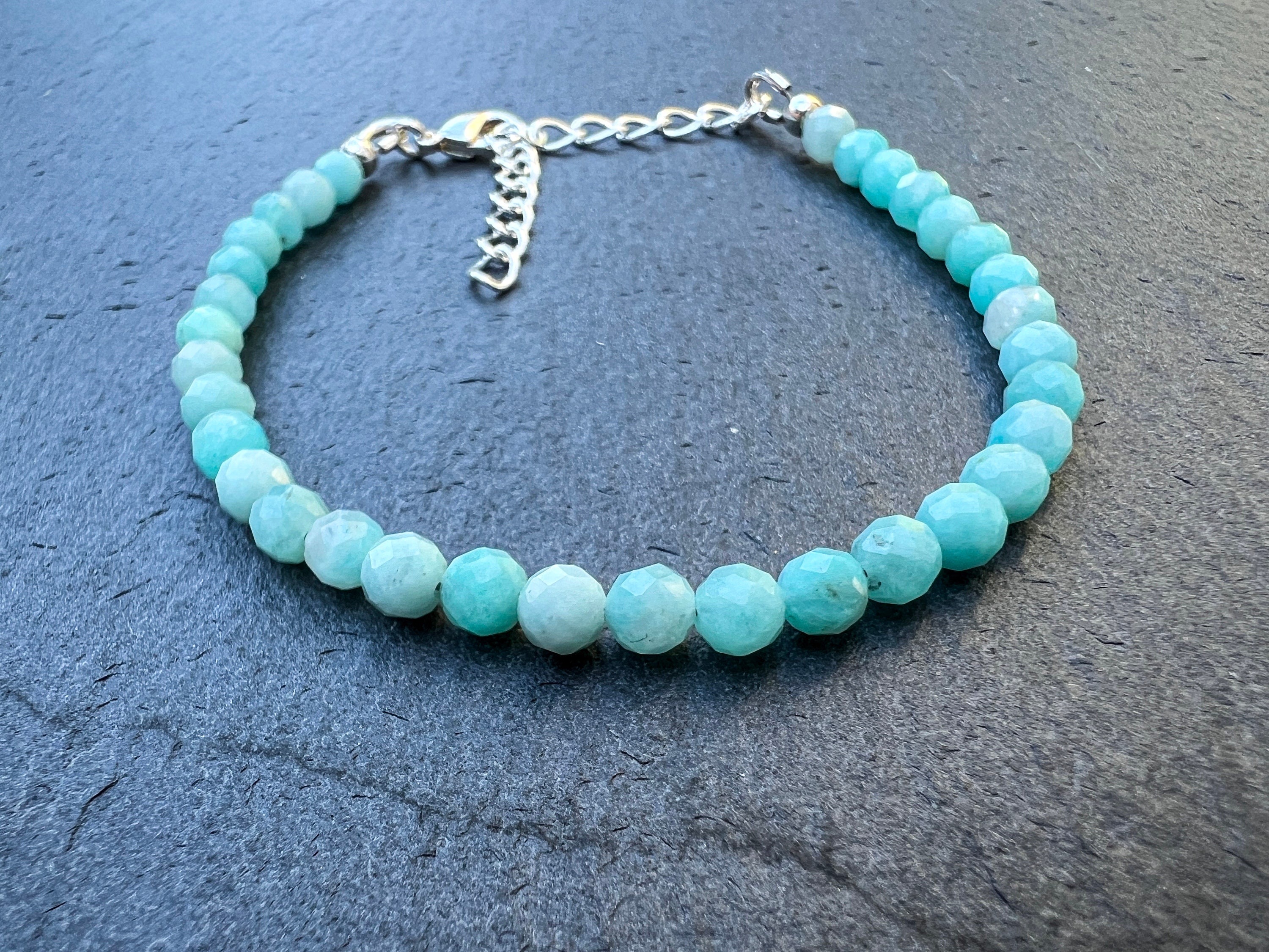 AAA Peruvian Amazonite Beaded Bracelet - Micro-faceted 4mm Blue Jewelry - Healing Crystals ...