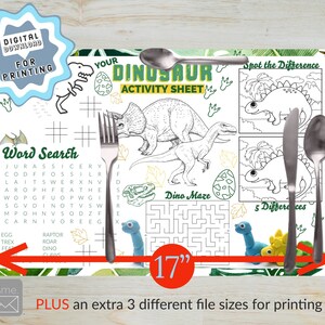 PRINTABLE 17x11" Dinosaur Activity Placemat, Coloring Sheet, Games ...
