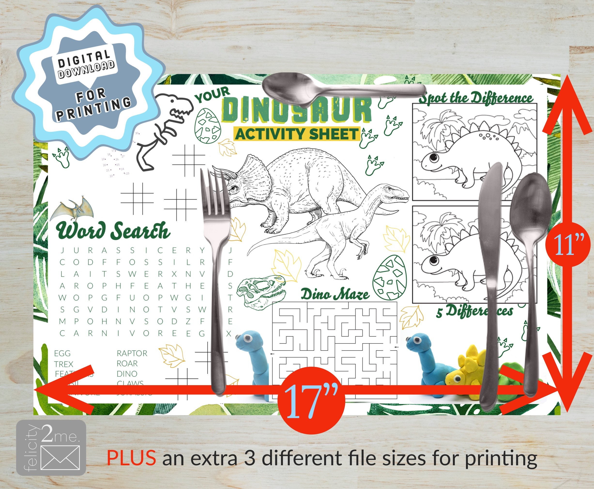PRINTABLE 17x11" Dinosaur Activity Placemat, Coloring Sheet, Games ...